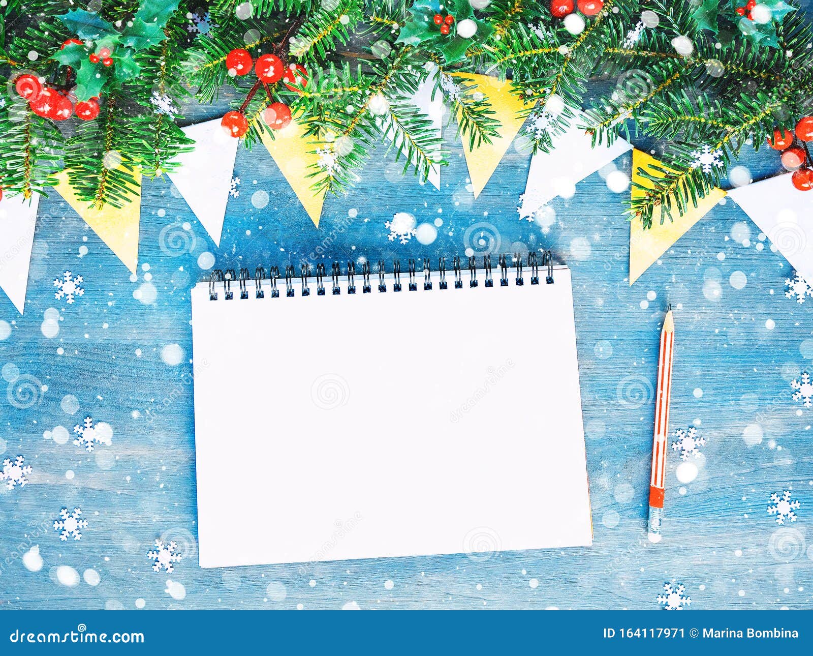Top View of Christmas Background with Blank Open Notepad, Pencil and ...