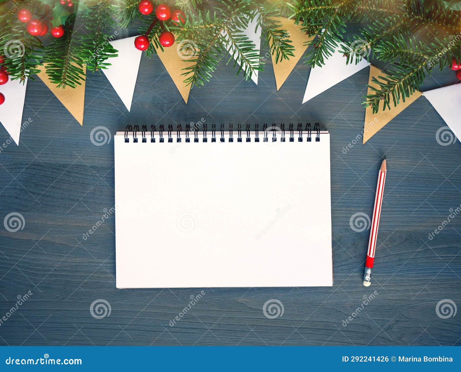 Top View of Christmas Background with Blank Open Notepad, Pencil and ...