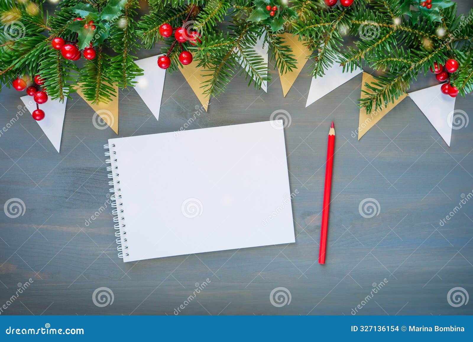 Top View of Christmas Background with Blank Open Notepad, Pencil and ...