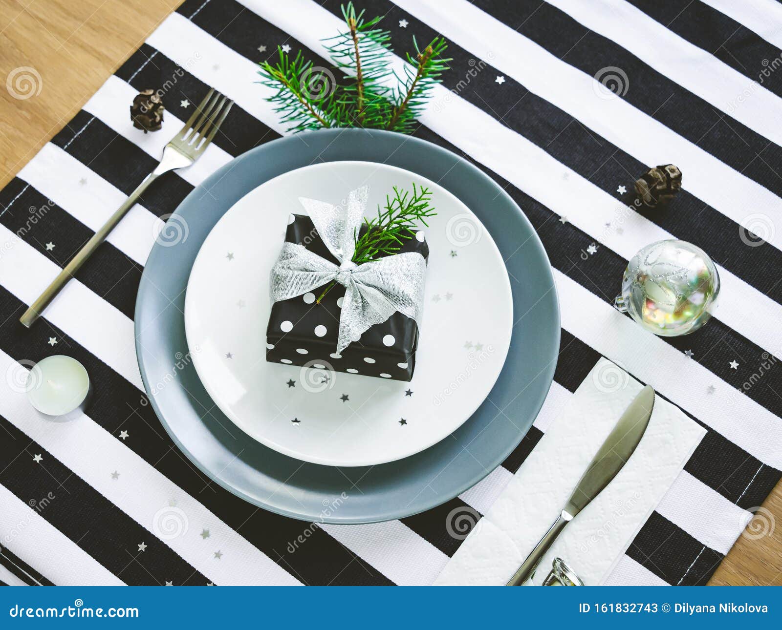 Top View of Christmas Table Setting. a Gift Box in a Plate Stock Image ...