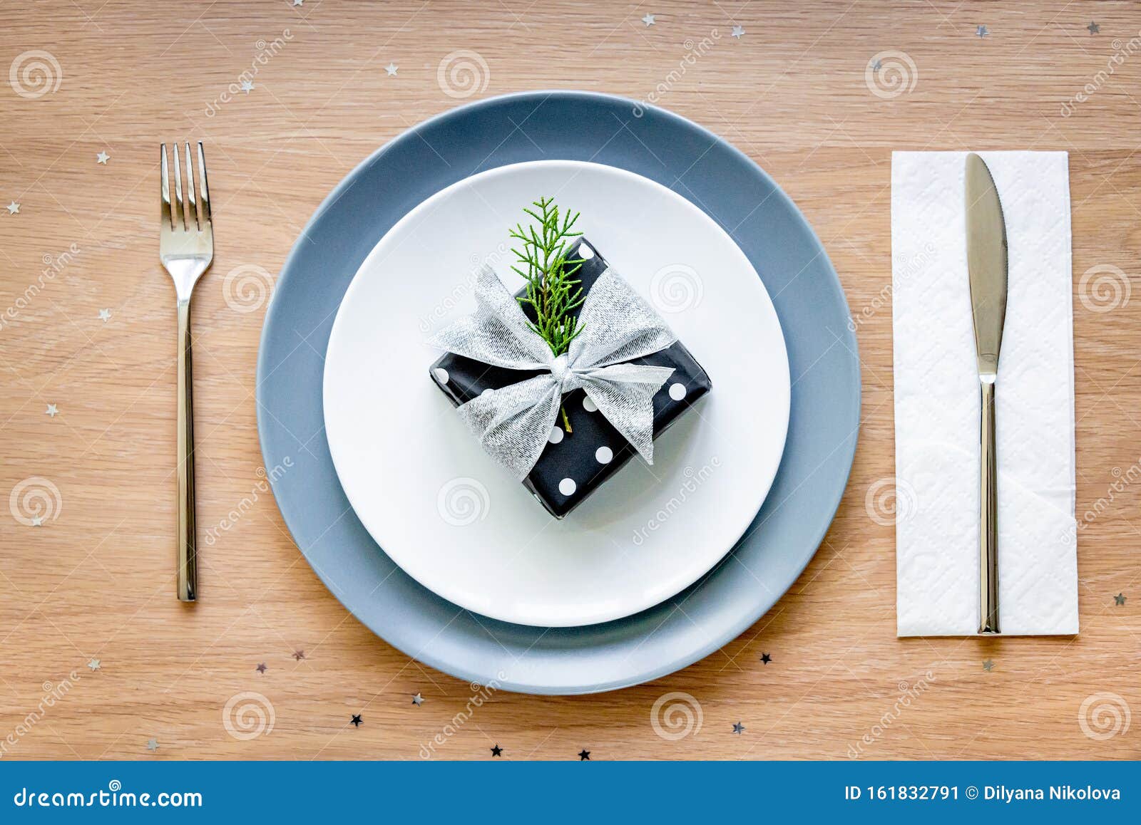 Top View of Christmas Table Setting. a Gift Box in a Plate Stock Image ...