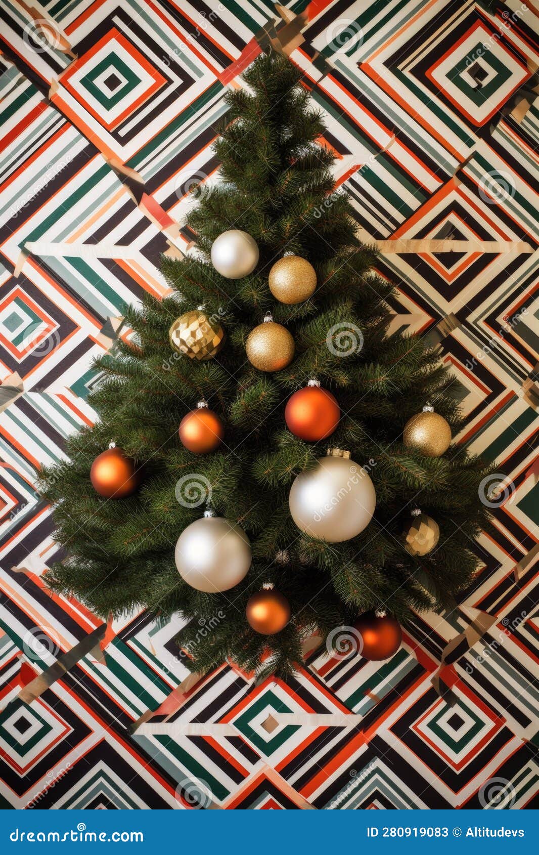 Top View of a Christmas Tree with Geometric Patterned Ornaments Stock ...