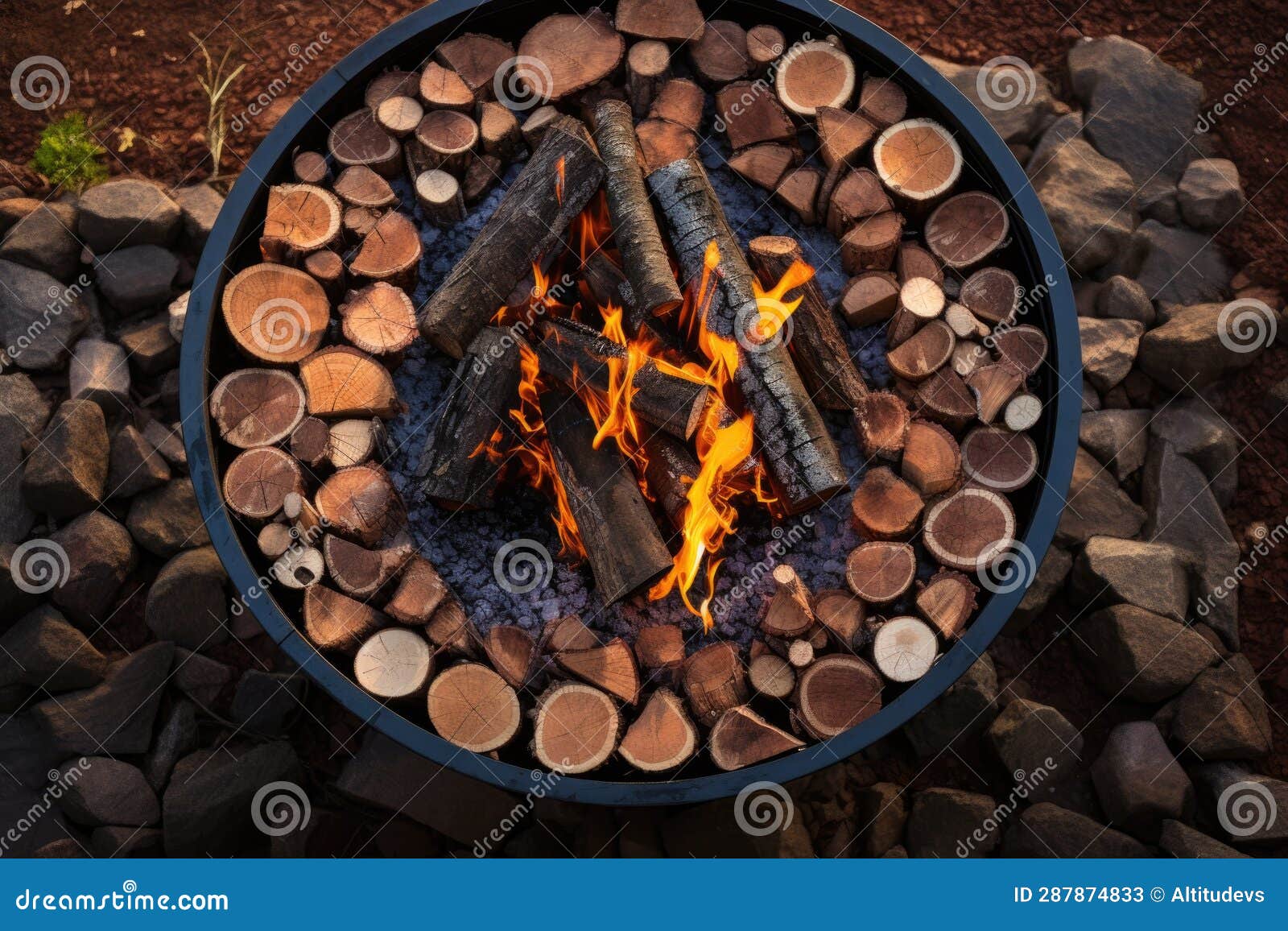 Top View of a Circular Fire Pit with Burning Logs Stock Illustration ...