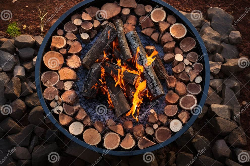 Top View of a Circular Fire Pit with Burning Logs Stock Illustration ...