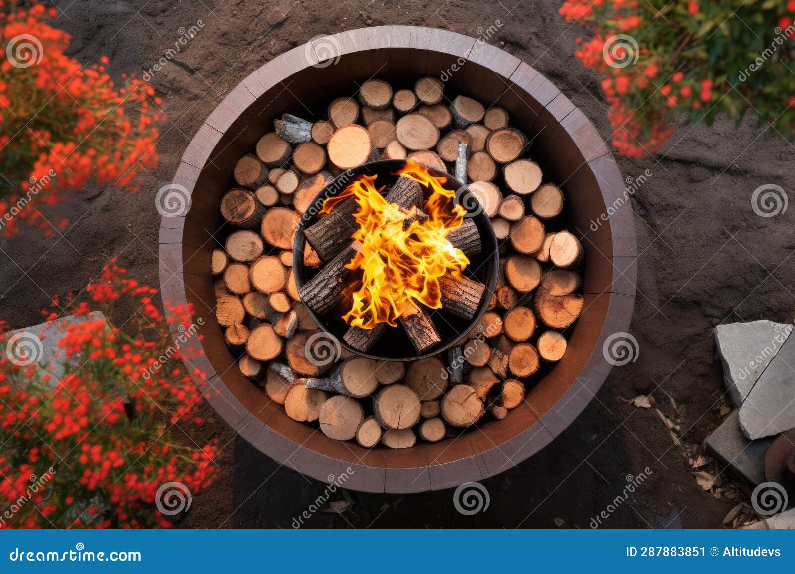 Top View of a Circular Fire Pit with Burning Logs Stock Image - Image ...