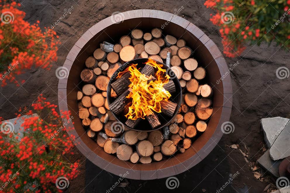 Top View of a Circular Fire Pit with Burning Logs Stock Image - Image ...