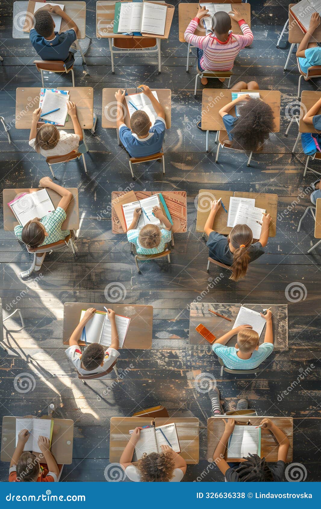 Top View of Classroom with Desks and School Children. Stock ...