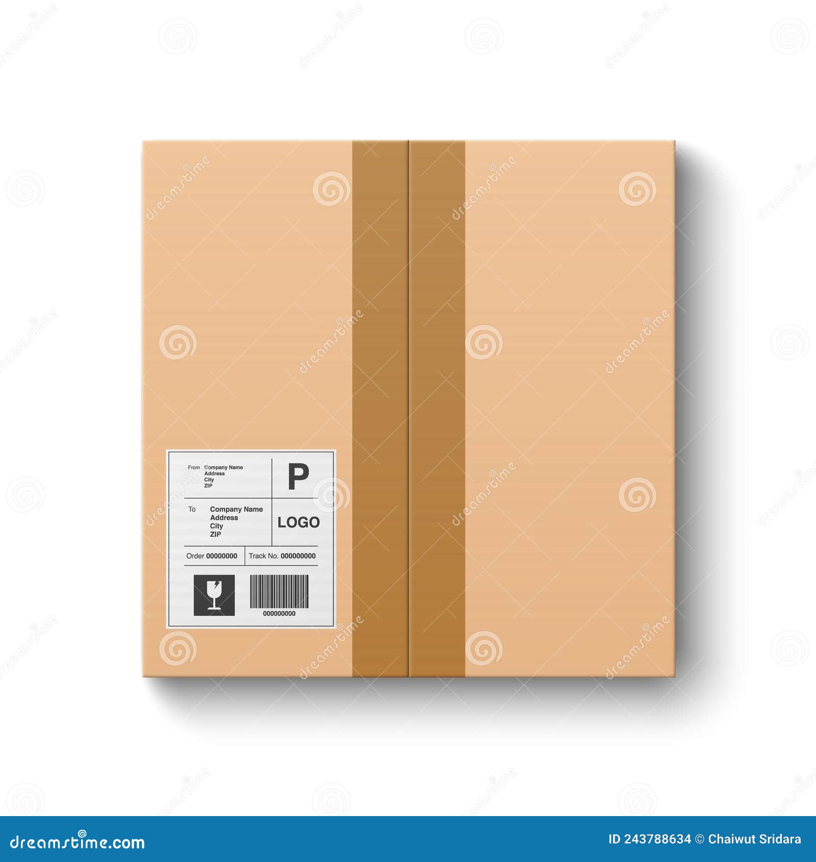 Top View Closed Cardboard Box with Shipment Label Isolated on White ...
