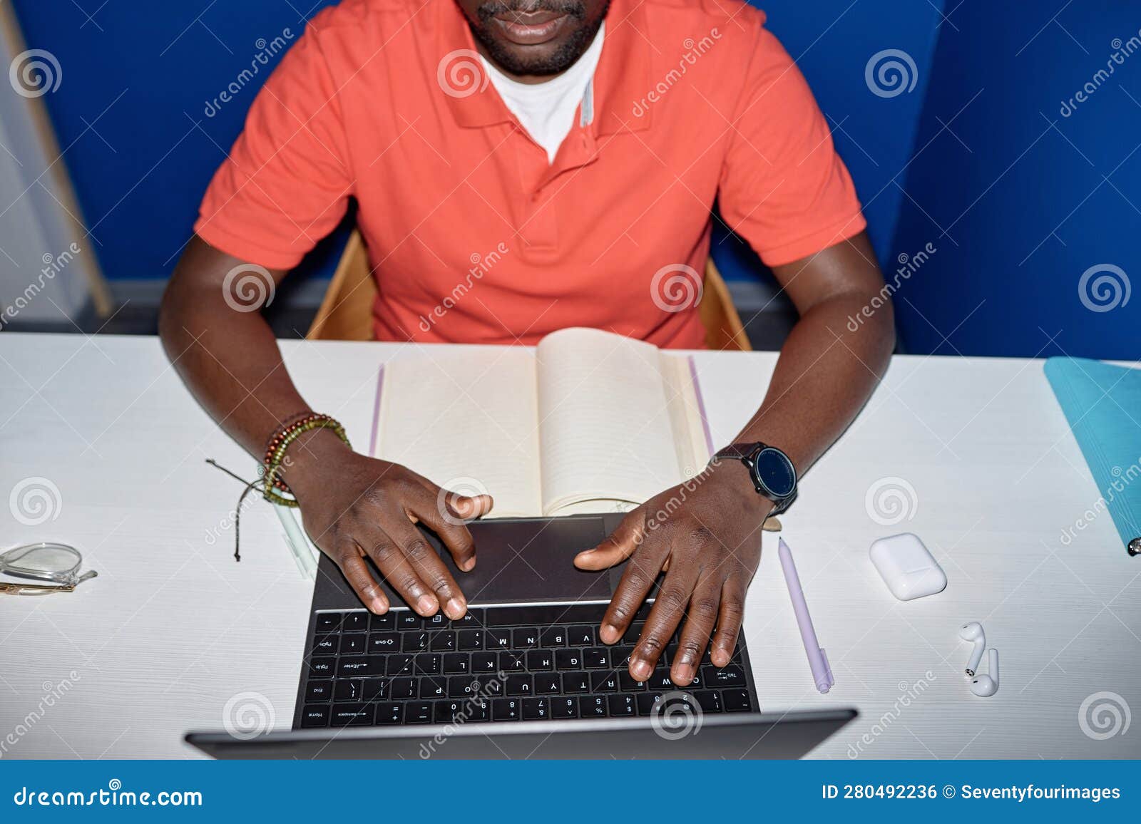 Top View Closeup of Focused Black Man Using Laptop at Workplace and ...