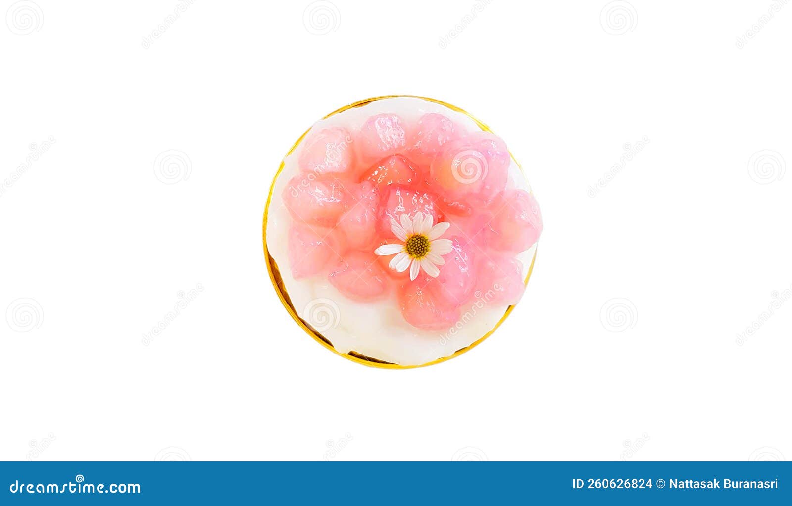 Top View of Coconut Cake with Pink Crispy Ruby Decorated with White ...