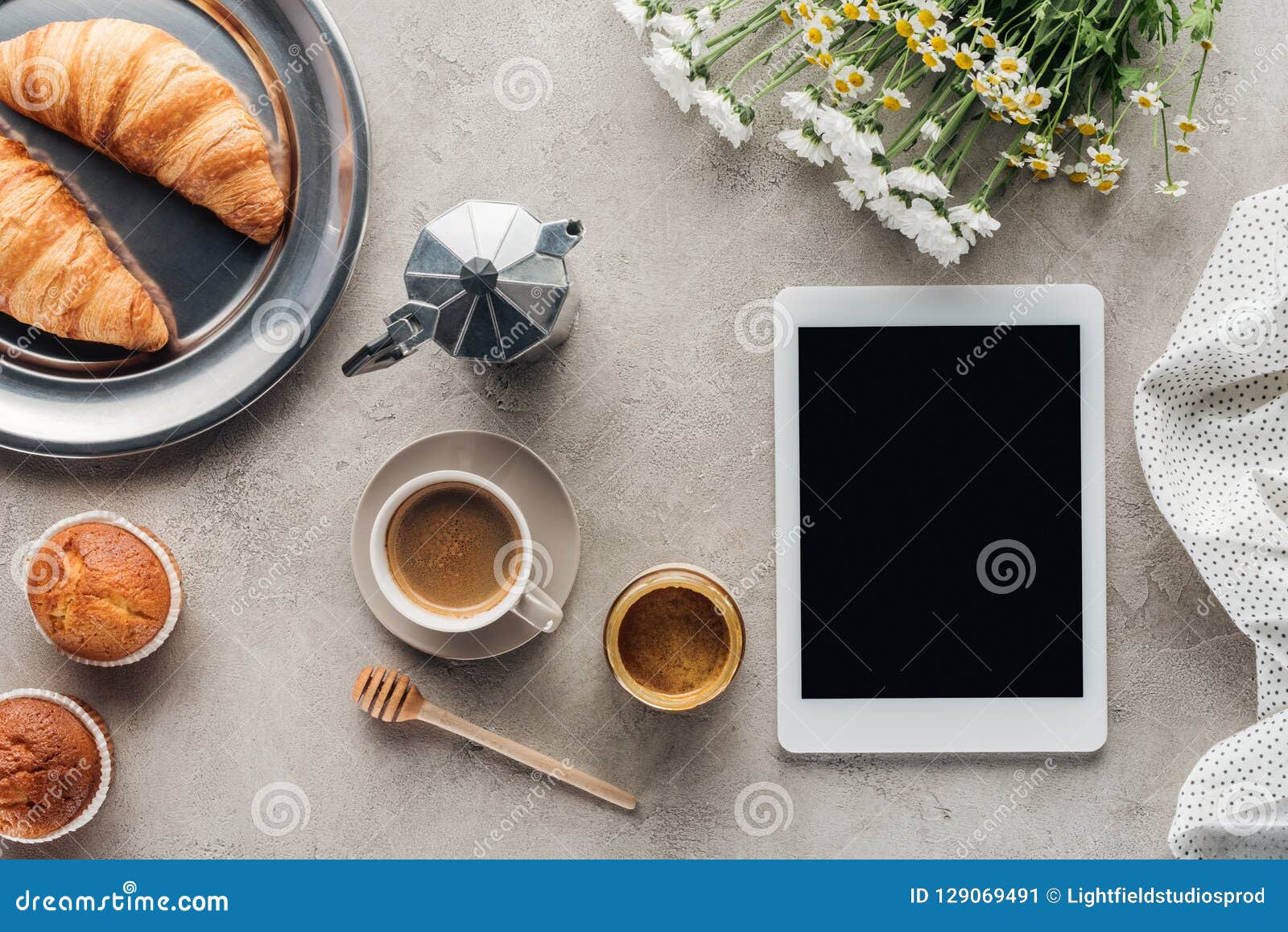Top View of Coffee with Pastry and Tablet with Blank Screen Stock Image ...