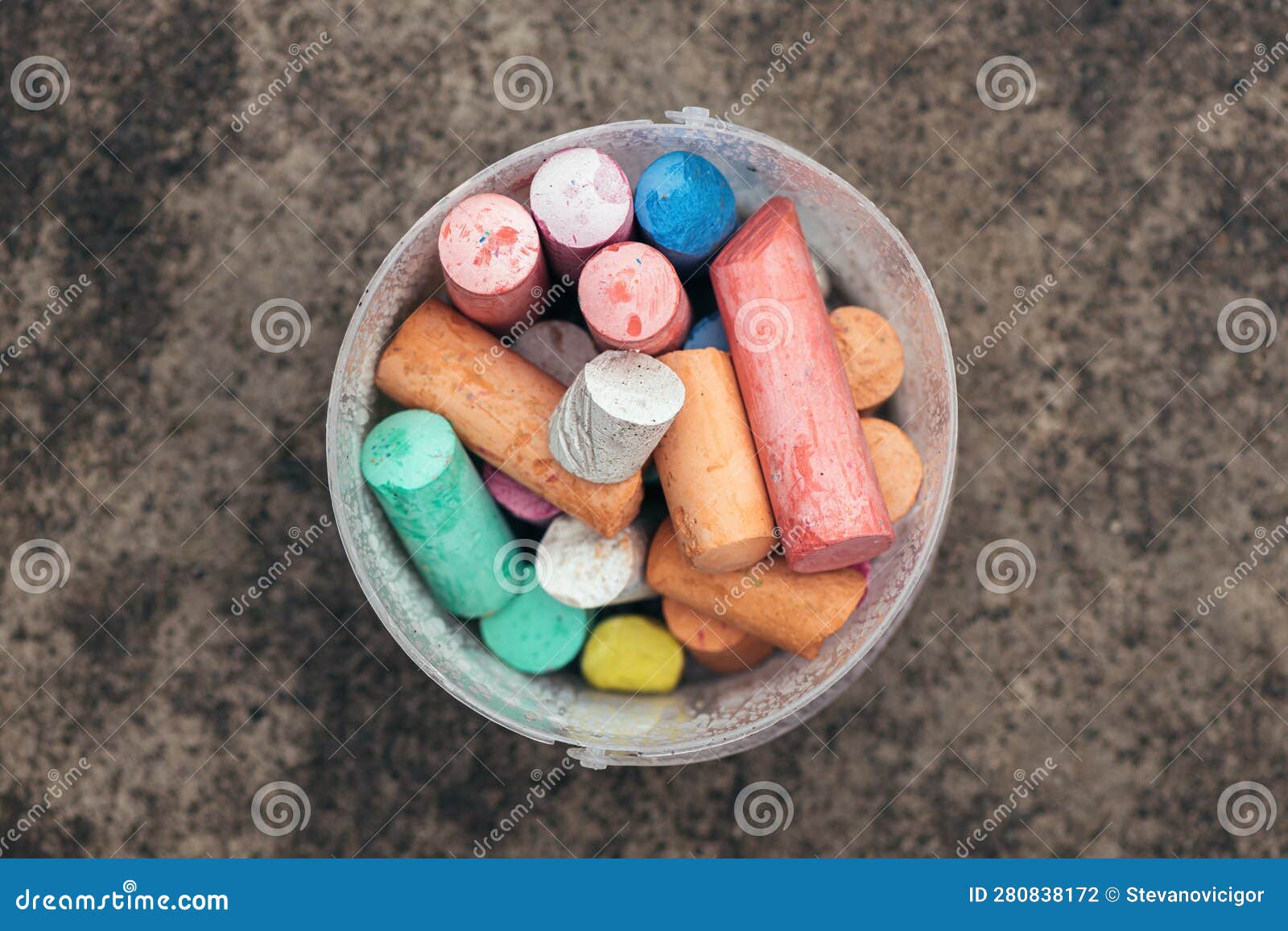 Top View of Colorful Drawing Chalk Sticks in Plastic Bucket Stock Photo ...