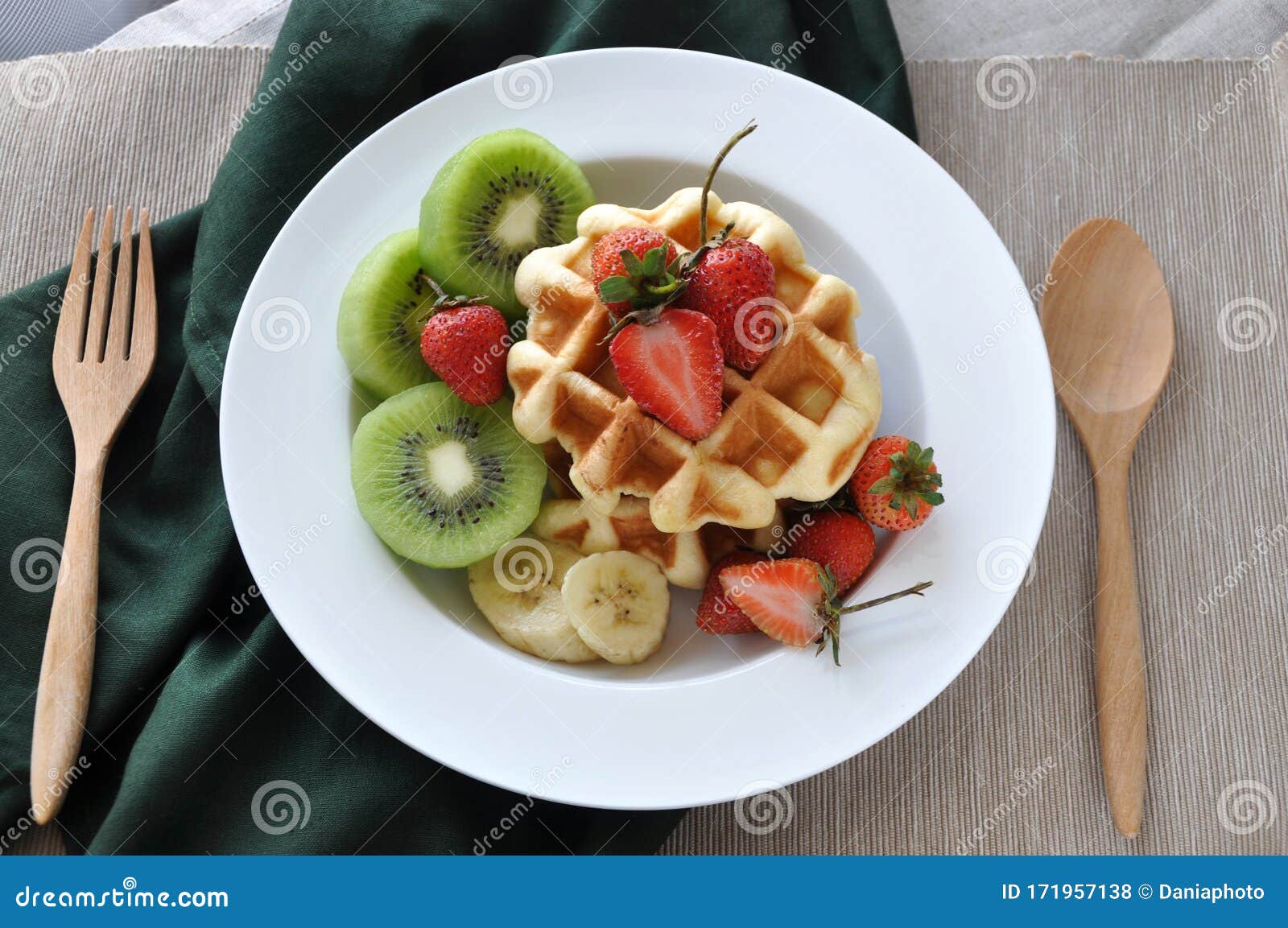 Top View of Colorful Fruity Waffle for Breakfast Stock Photo - Image of ...