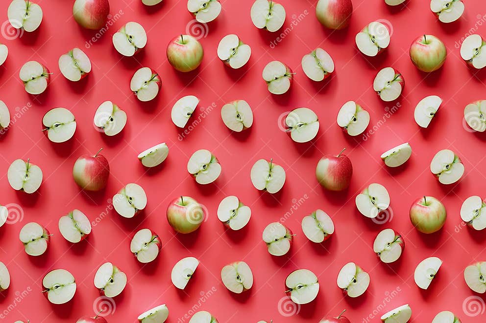 Top View of Colorful Pattern of Sliced Apples on Red Pastel Background ...