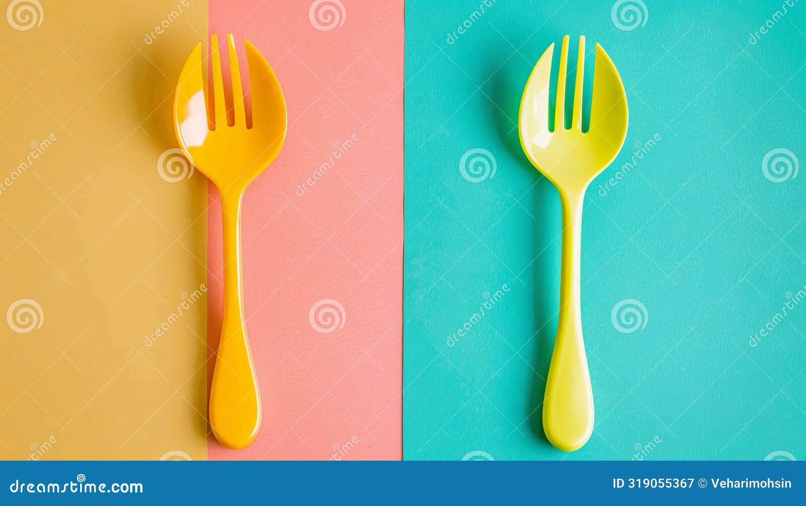 Top View of Colorful Spoon and Fork Element on Color Table Stock ...