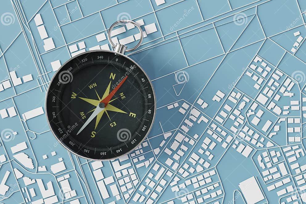 Top View with a Compass on a City Map, 3d Stock Illustration ...
