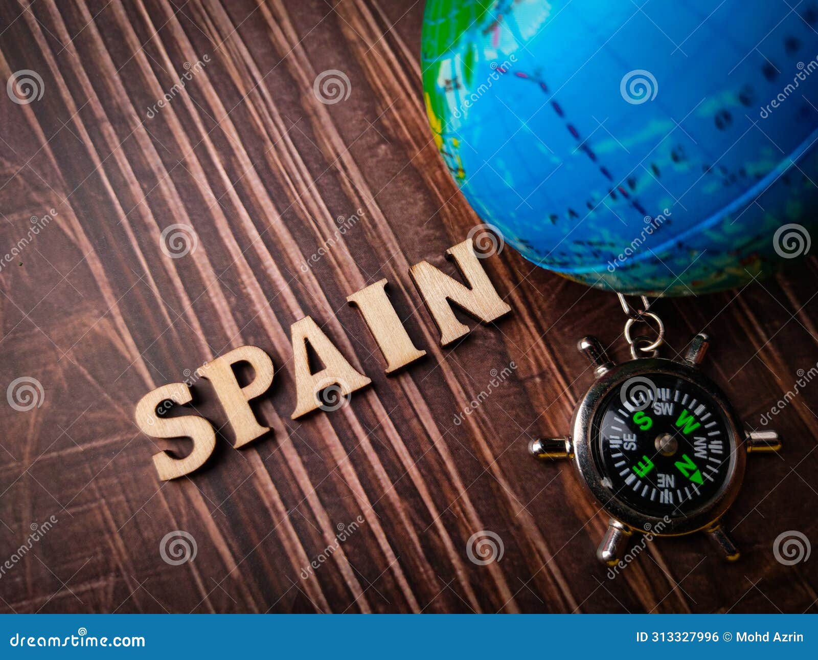 Top View Compass,earth Globe and Wooden Word with Text SPAIN Stock ...