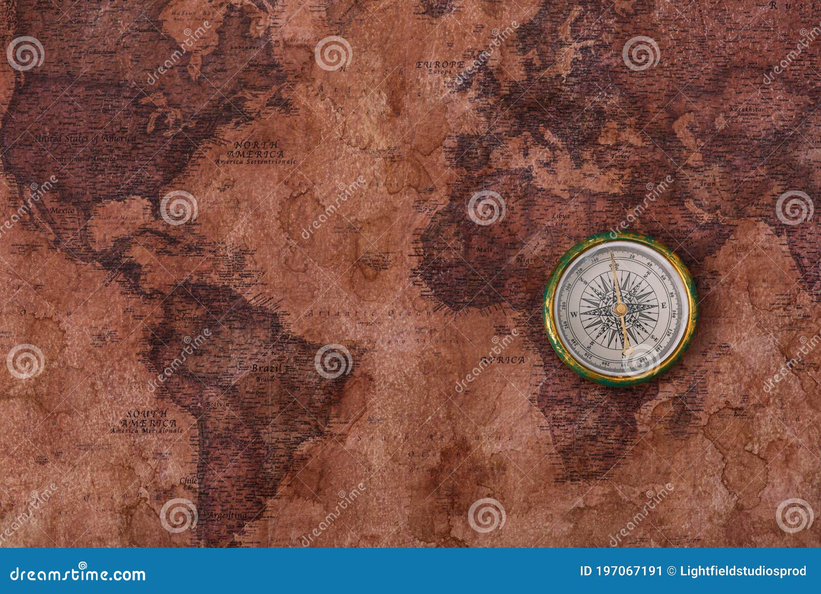 View of Compass on Old World Map Stock Image - Image of cartography ...
