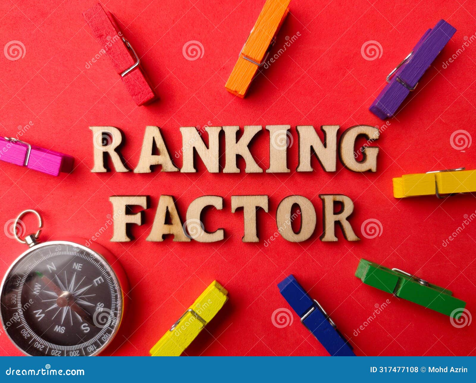 Top View Compass,wooden Clips and Wooden Word with Text RANKING FACTOR ...