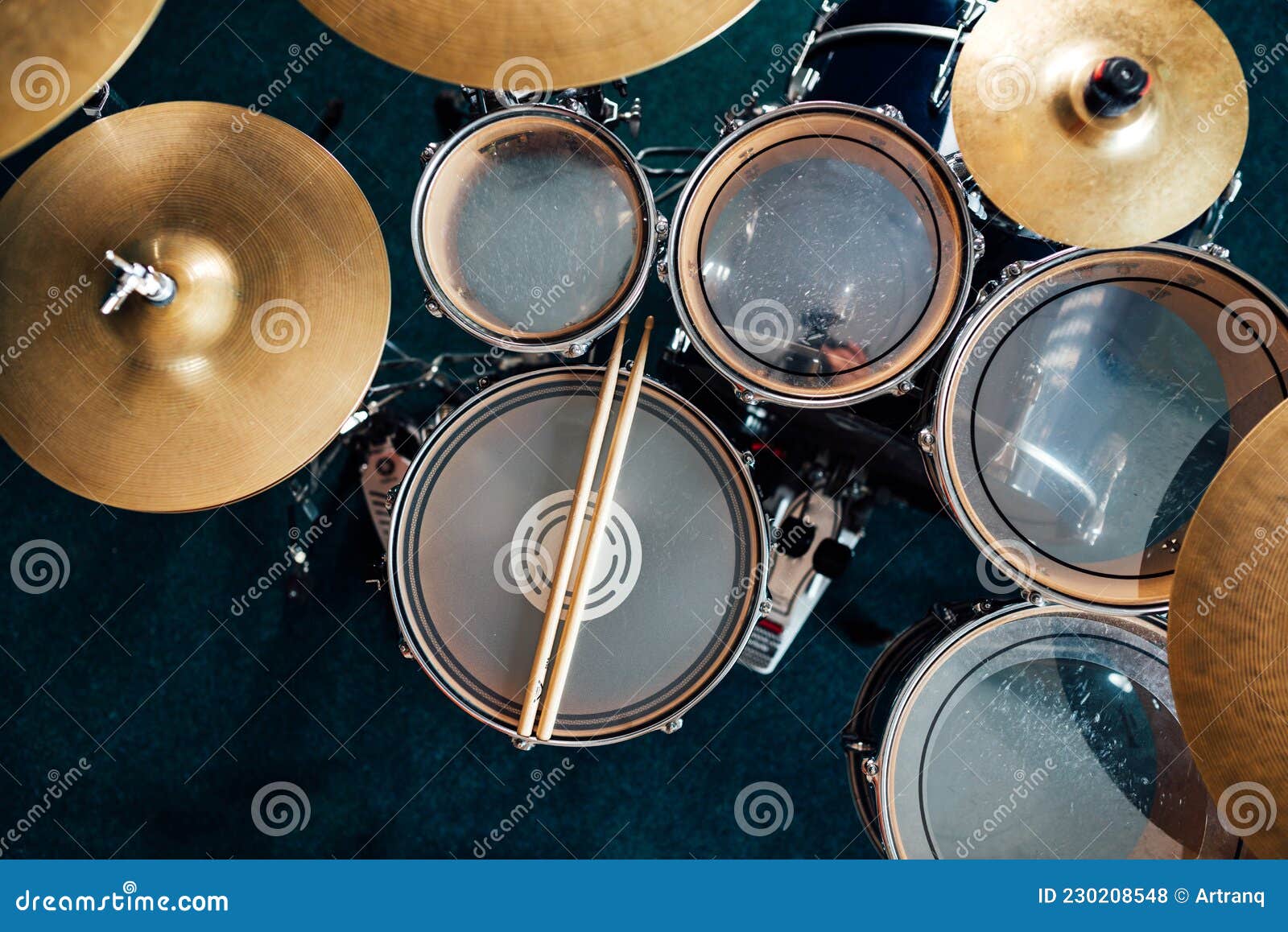 Top View Complete Drumset. Drumsticks Lie on a Drum. Stock Photo ...