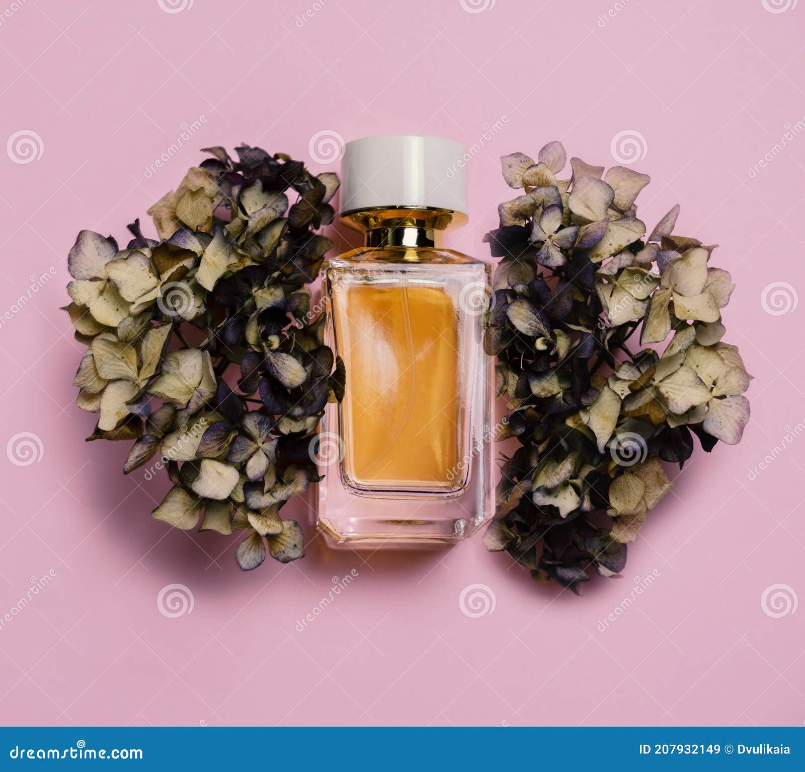 Top View Composition with Dried Hydrangea Flowers and Perfume Bottle on ...