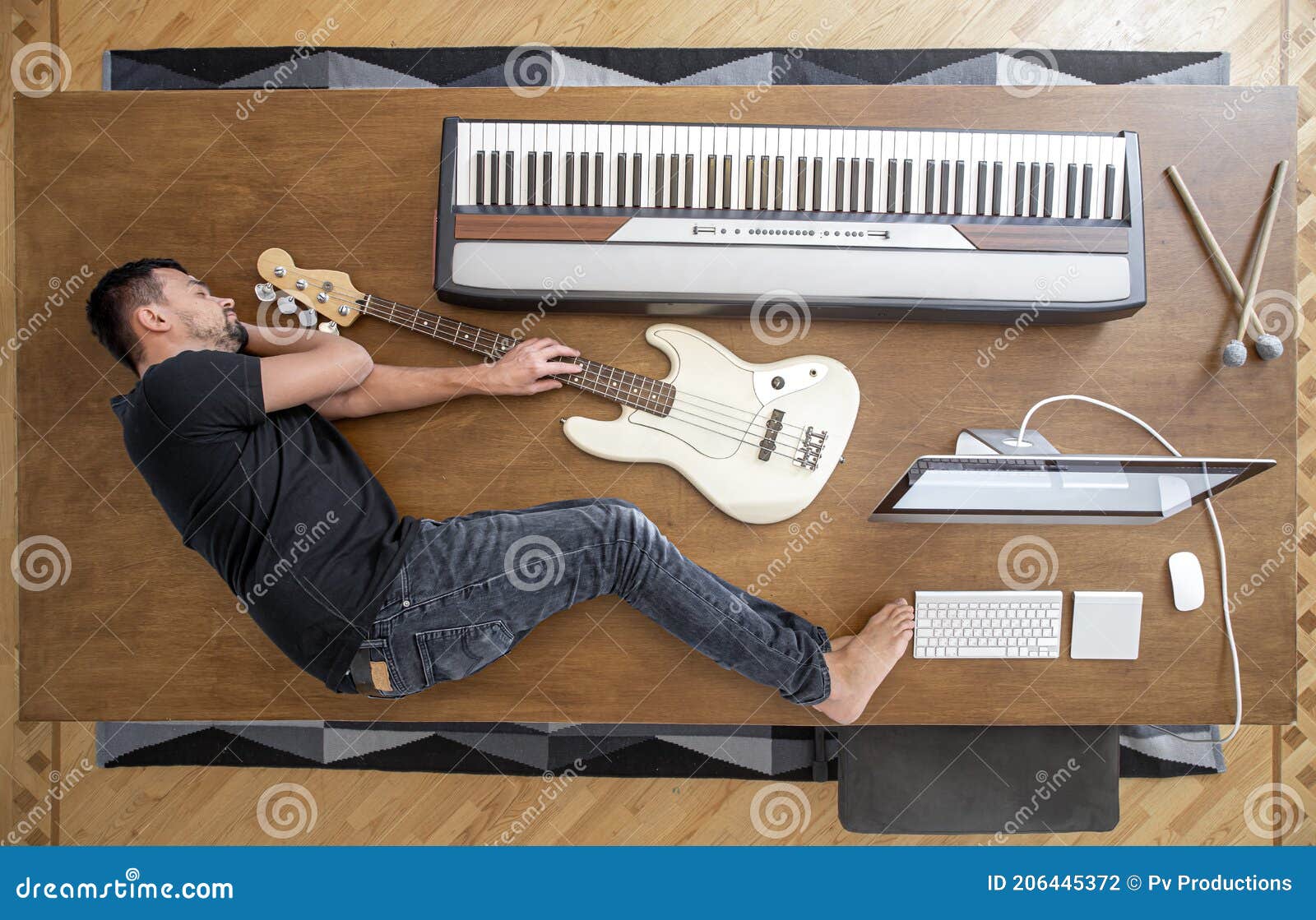 Top View Composition with Musical Instruments on a Large Wooden Table ...