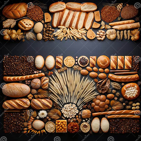 Top View Composition of Various Types of Bread Forming a Harmonious and ...