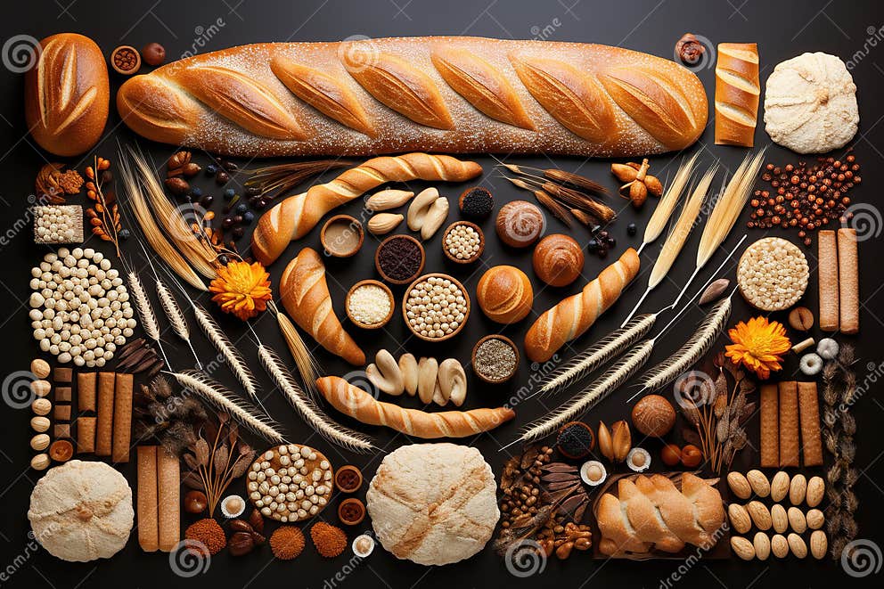 Top View Composition of Various Types of Bread Forming a Harmonious and ...