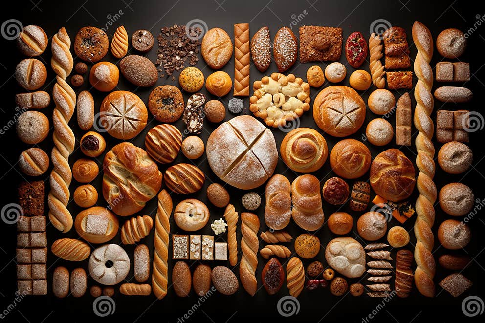 Top View Composition of Various Types of Bread Forming a Harmonious and ...