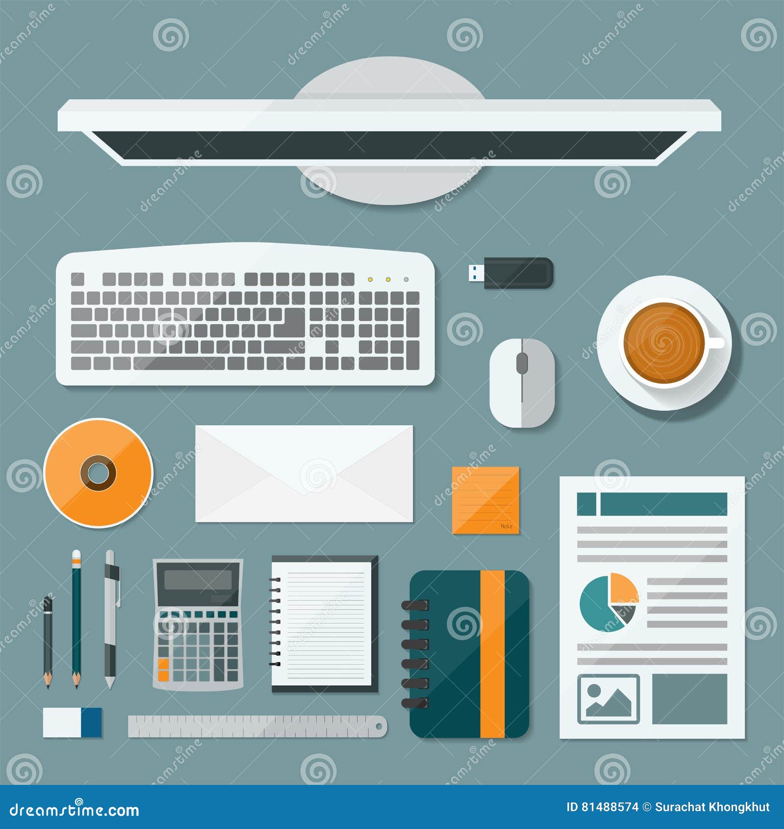 Top View Computer of Desk Background, Flat Design Illustration of ...