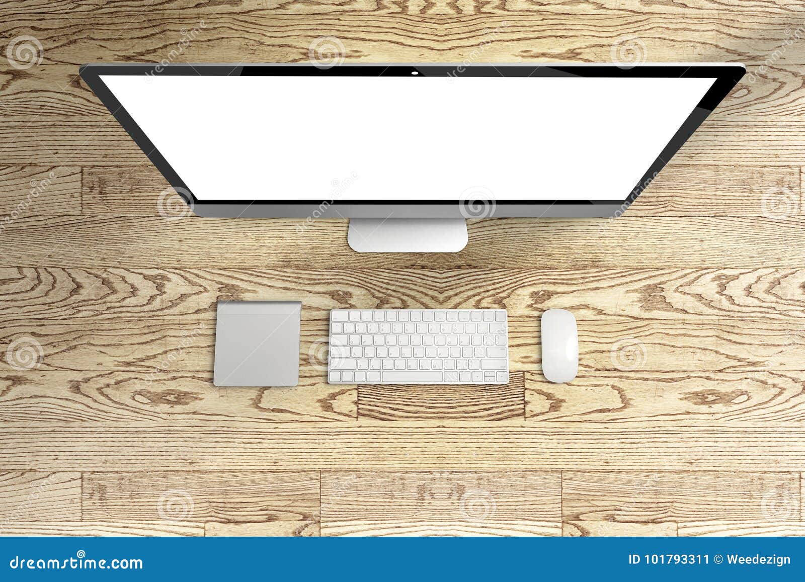 Top View of Computer and Keyboard, Mouse with Blank Screen on Wooden ...