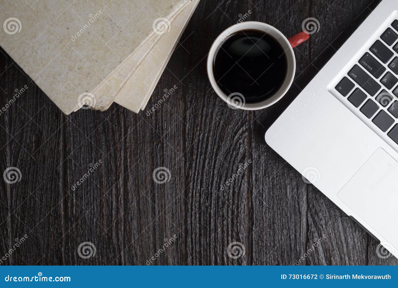 Top View of Computer Laptop, Red Cup of Coffee and Books on Wooden ...