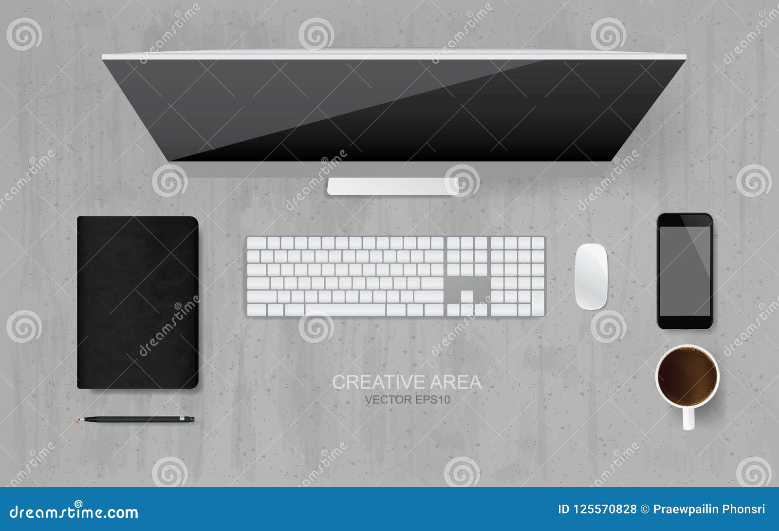 Top View of Computer with Office Object Set in Working Space Area ...