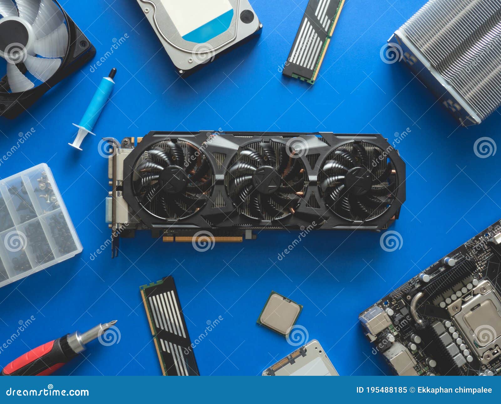 Top View of Computer Parts with Harddisk, Ram, CPU, Graphics Card, and ...