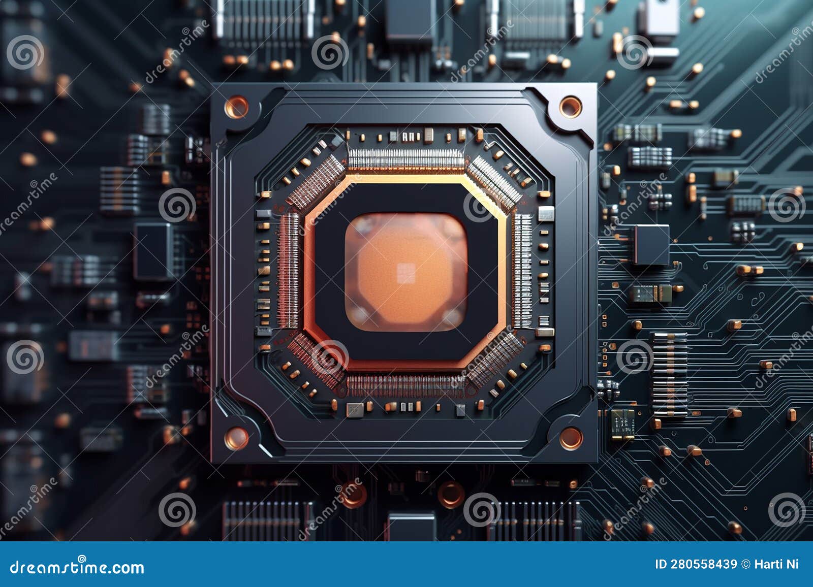 Top View of Computer Processor Chip with Circuit on Motherboard ...