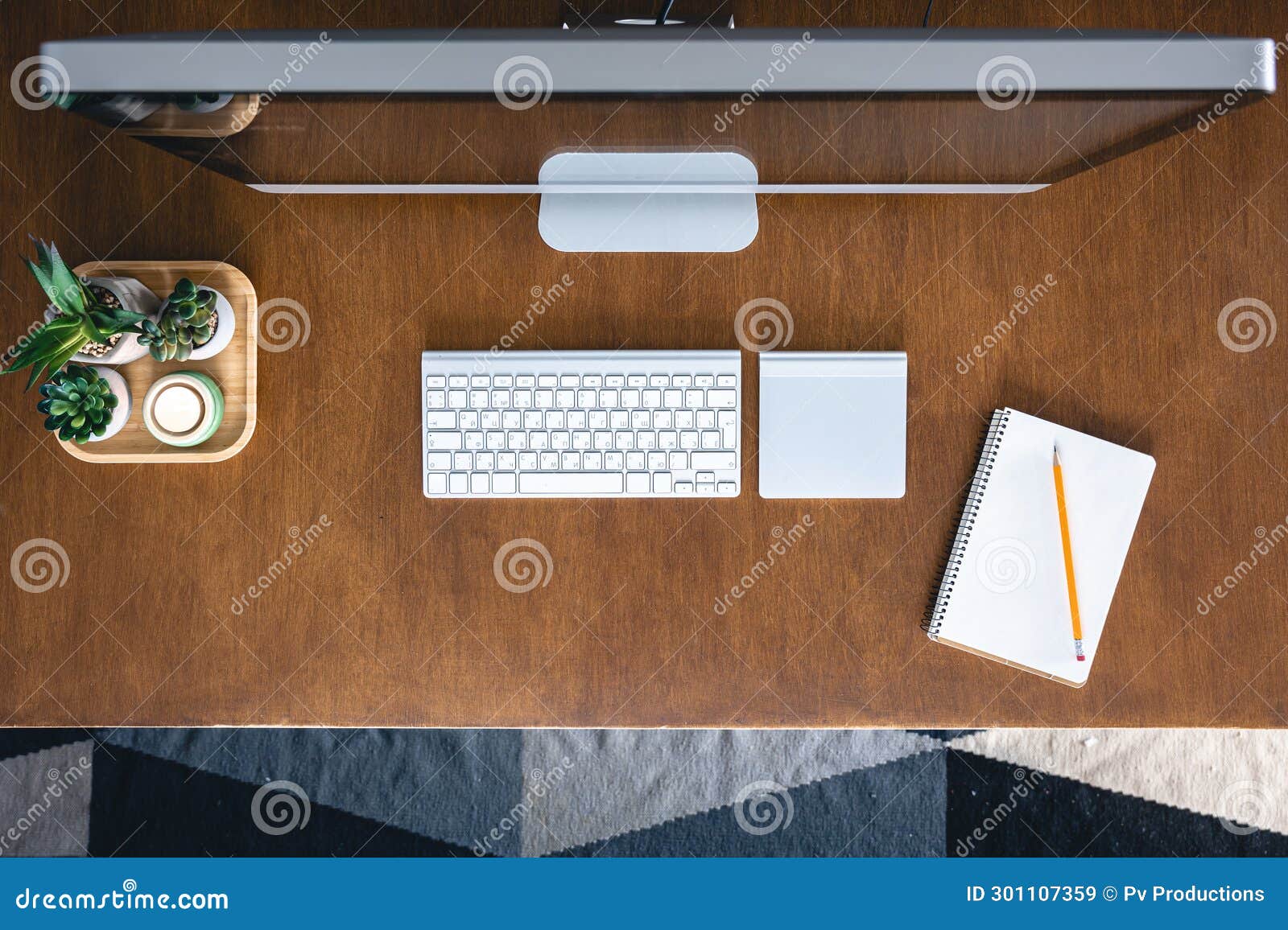 Top View, Computer on a Wooden Table, Work Desk. Stock Image - Image of ...