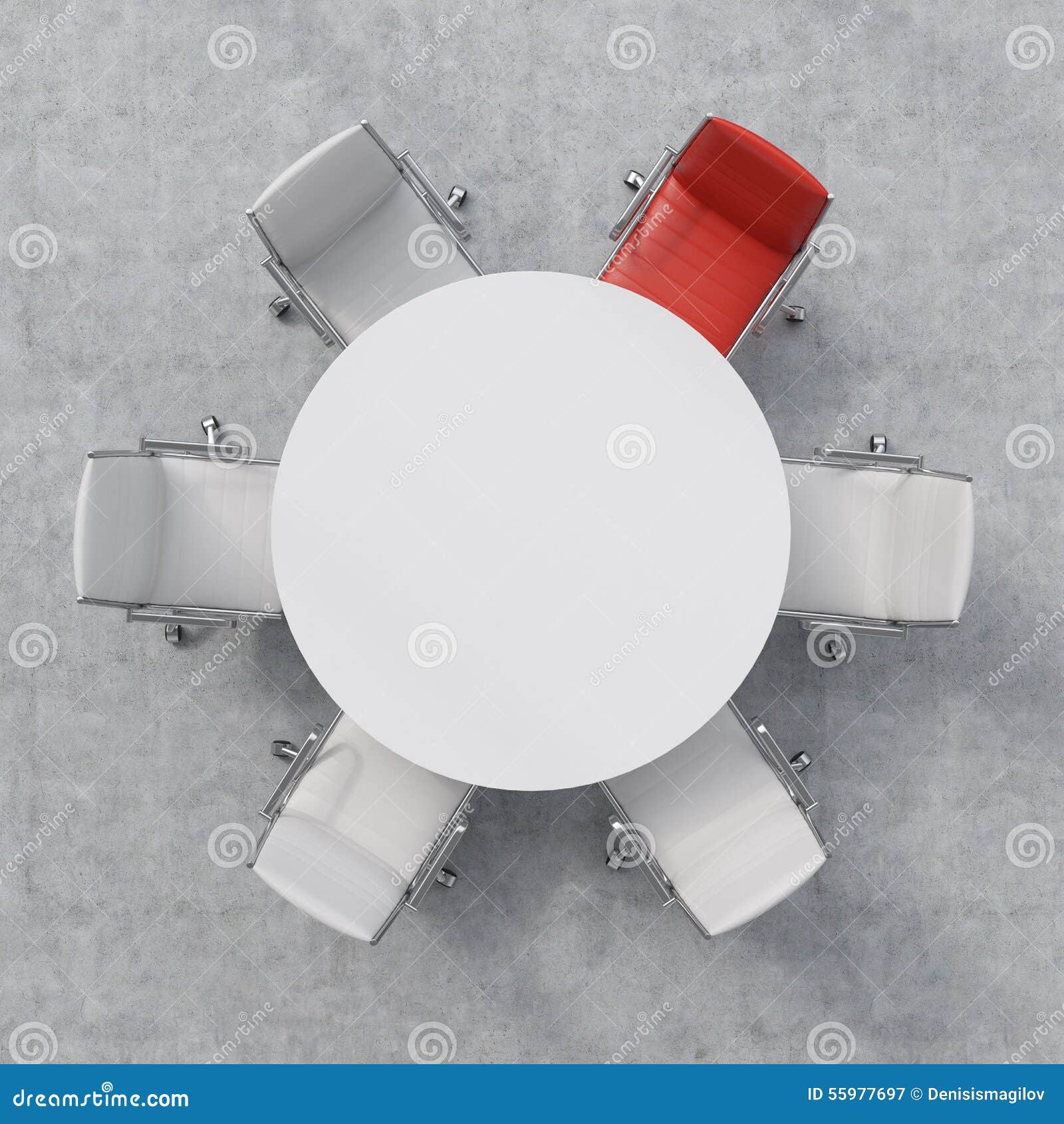 Top View of a Conference Room. a White Round Table and One Red and Five ...