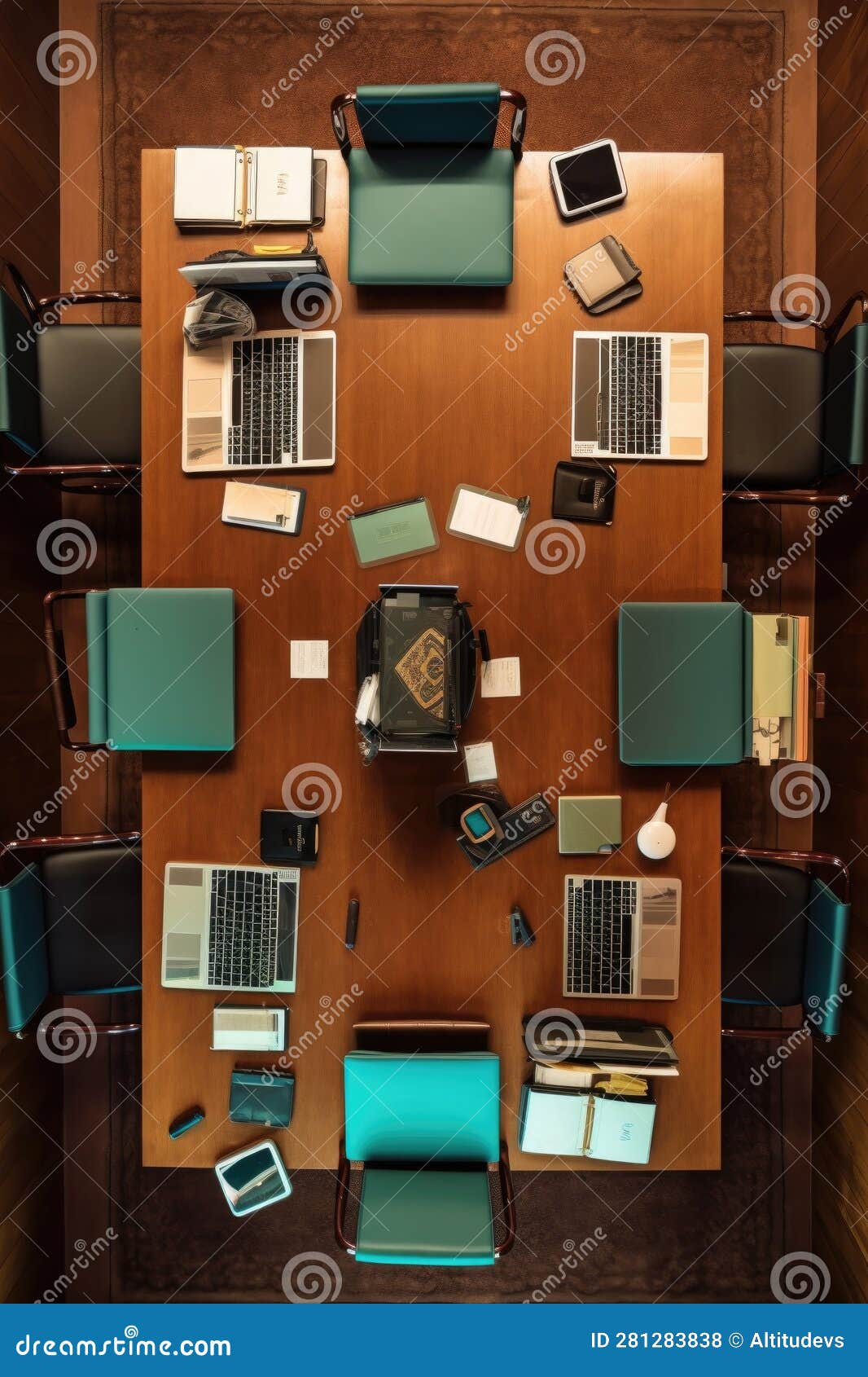 Top View of a Conference Table with Laptops and Documents Stock ...