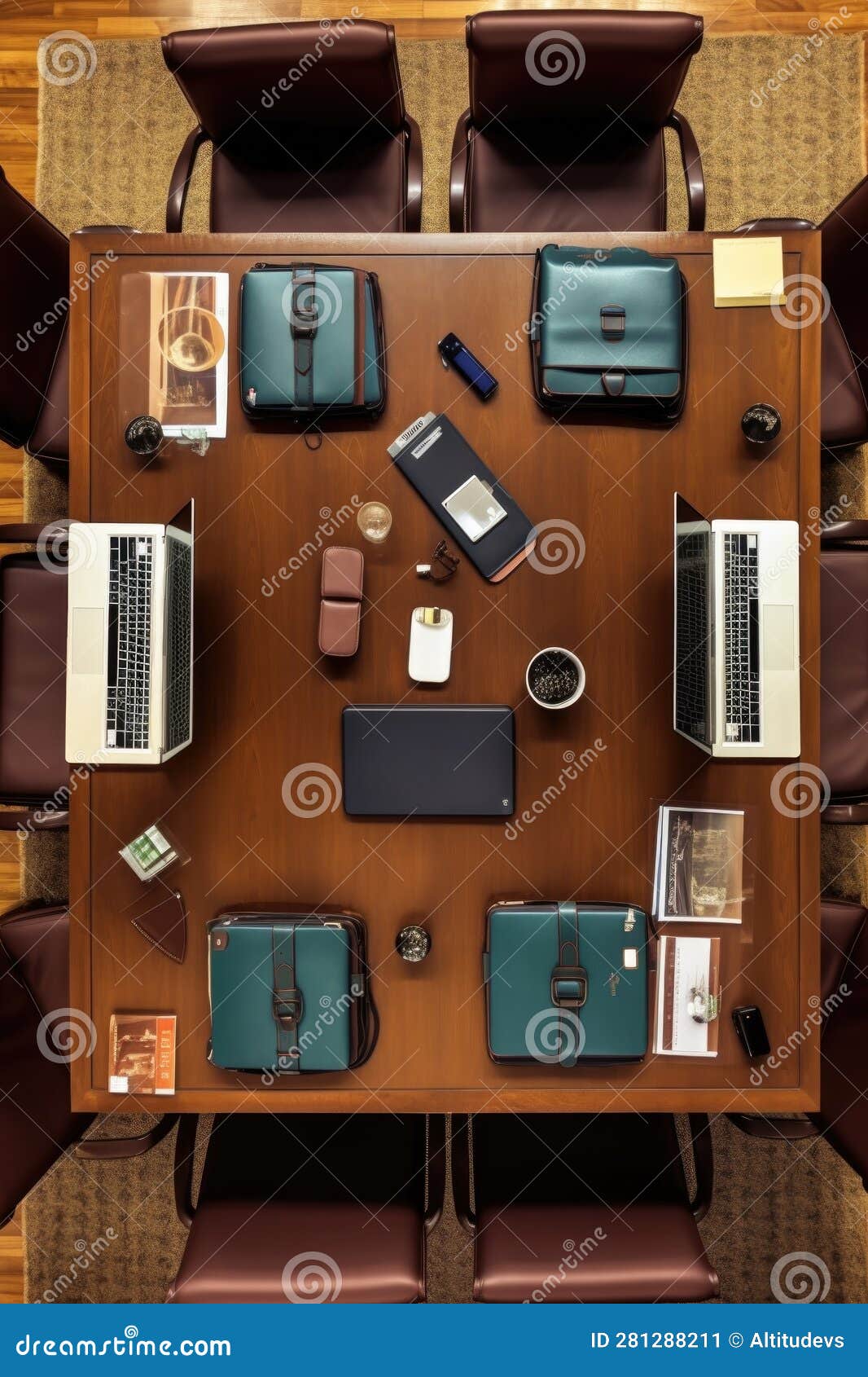 Top View of a Conference Table with Laptops and Documents Stock ...
