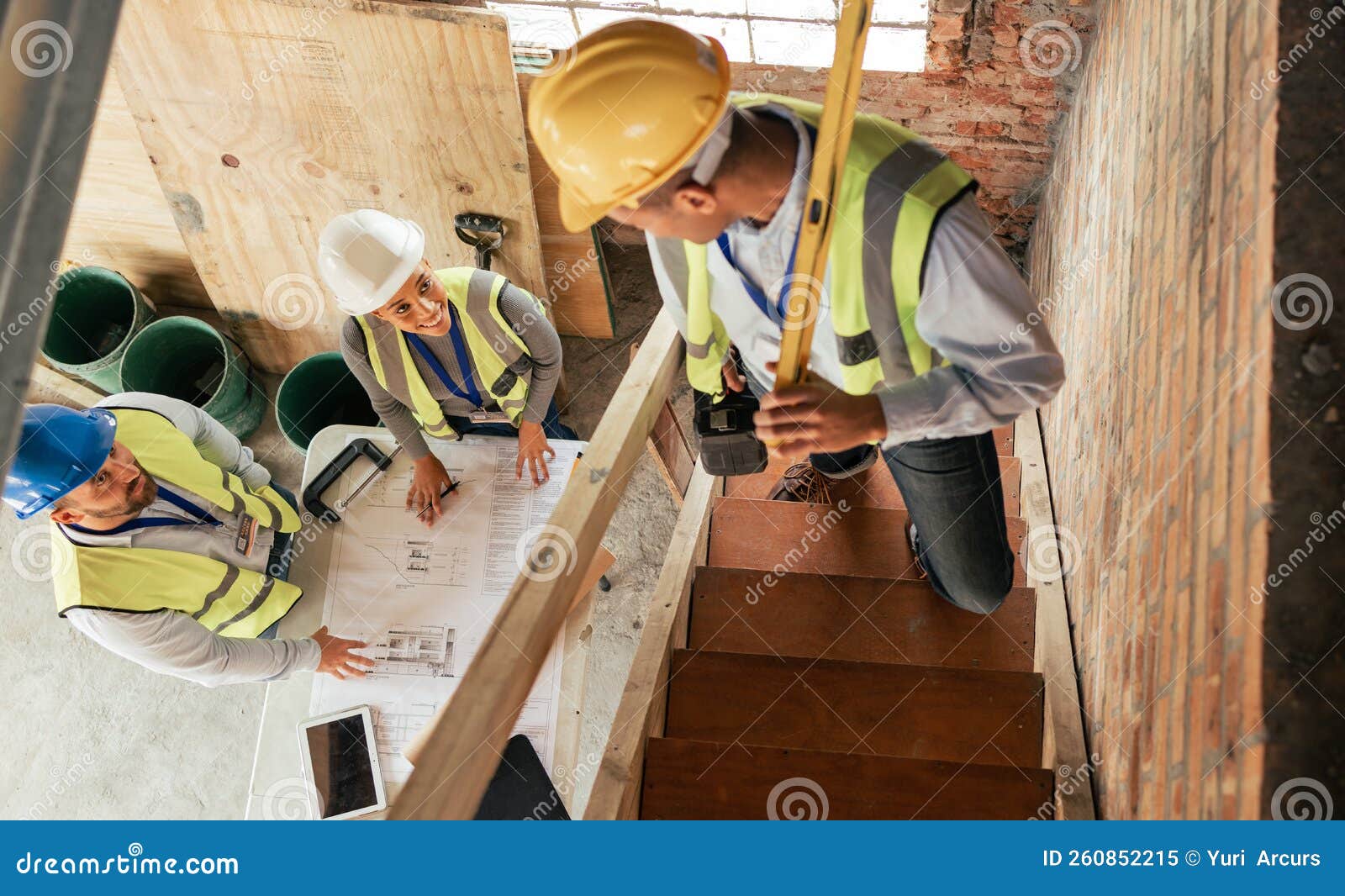 Top View, Construction Building and Team Planning with Blueprint ...