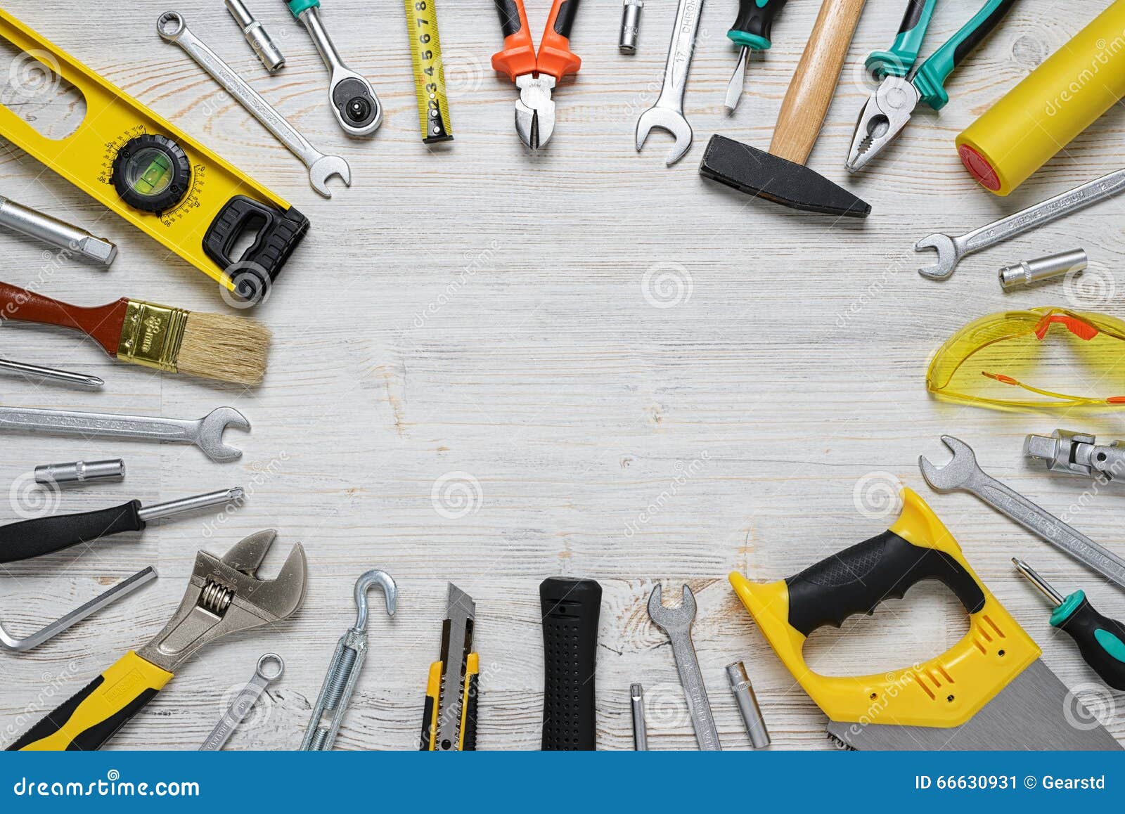 Top View of Construction Instruments and Tools on Wooden DIY Workbench ...