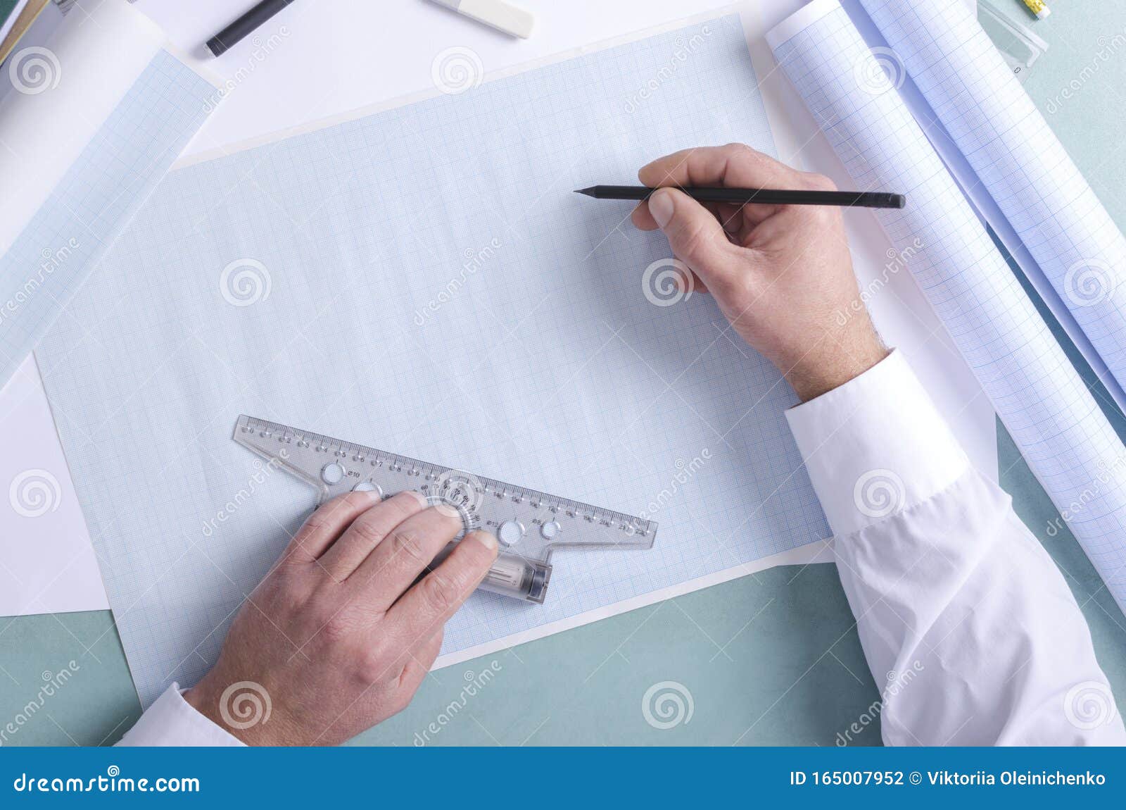 Top View of Constuctor`s Hands Who Using T-square and Pencil. Draftsman ...