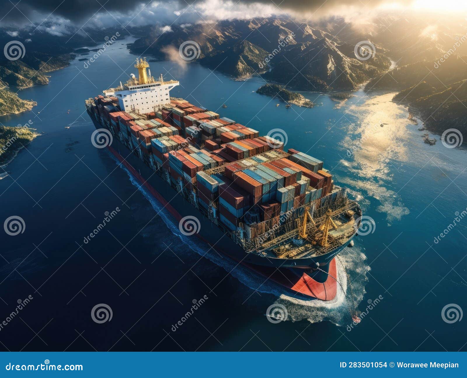 Top View Container Ship Surreal with World Planet Map Background ...