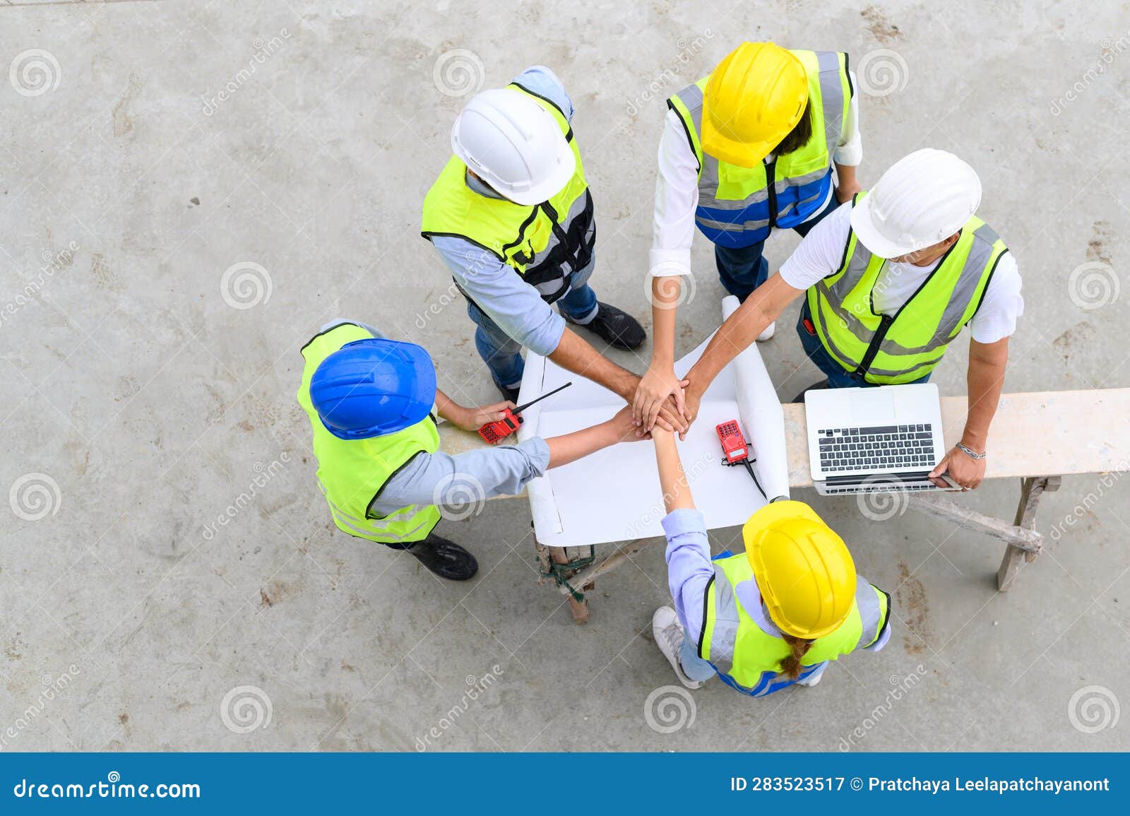 Top View of Contractors, Engineers and Formats Team in Safety Vests ...