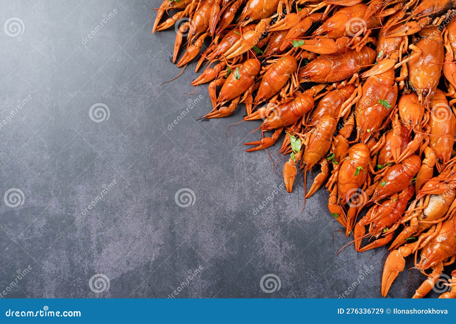 Top View of Cooked Crawfish with Lemons and Spices on Dark Cement ...