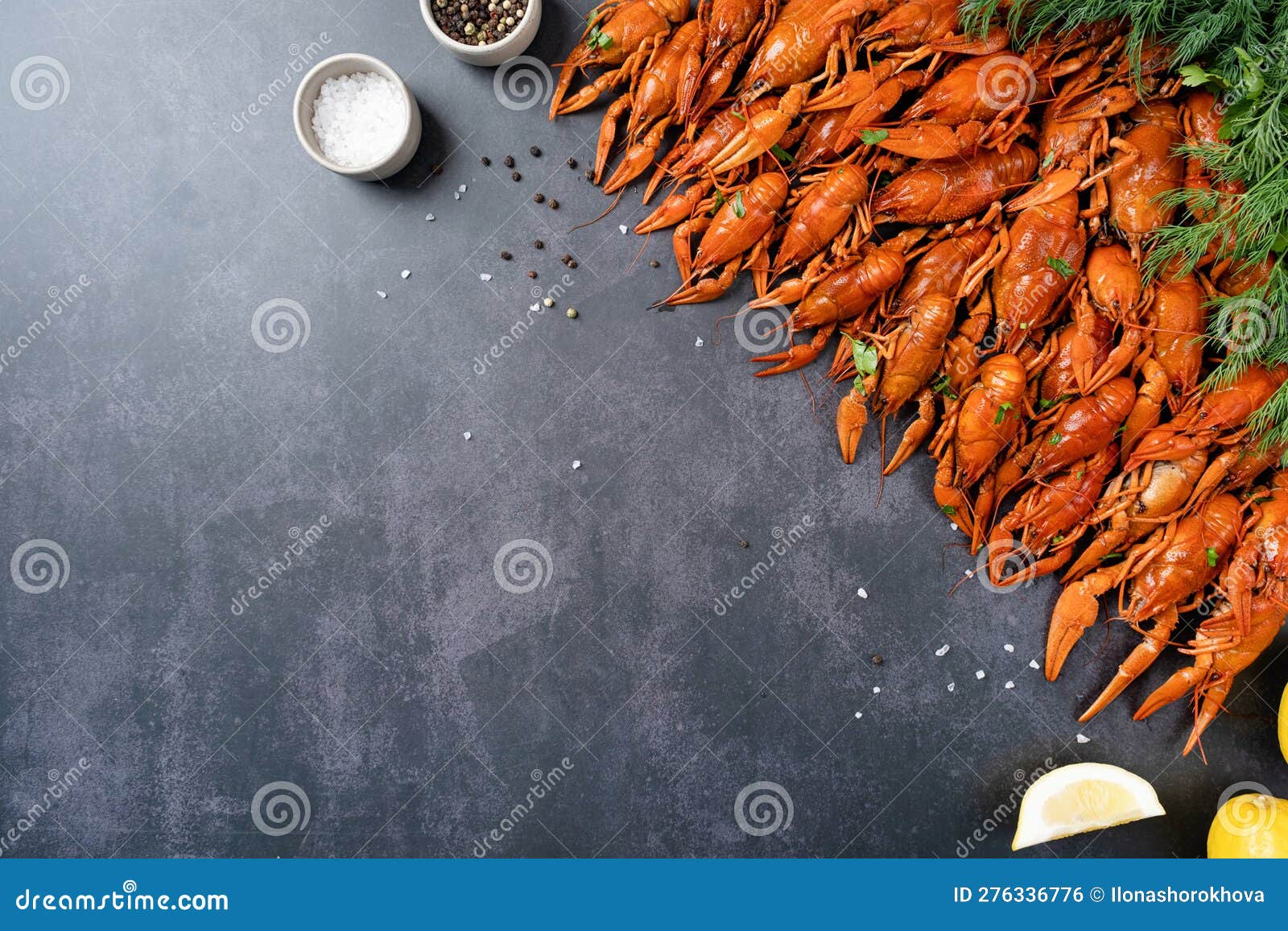 Top View of Cooked Crawfish with Lemons and Spices on Dark Cement ...