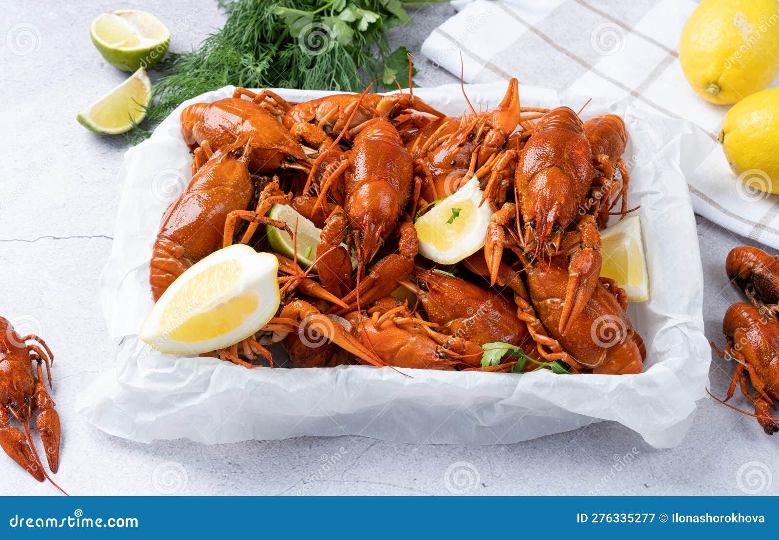 Top View of Cooked Crawfish Platter with Lemons and Spices Stock Image ...