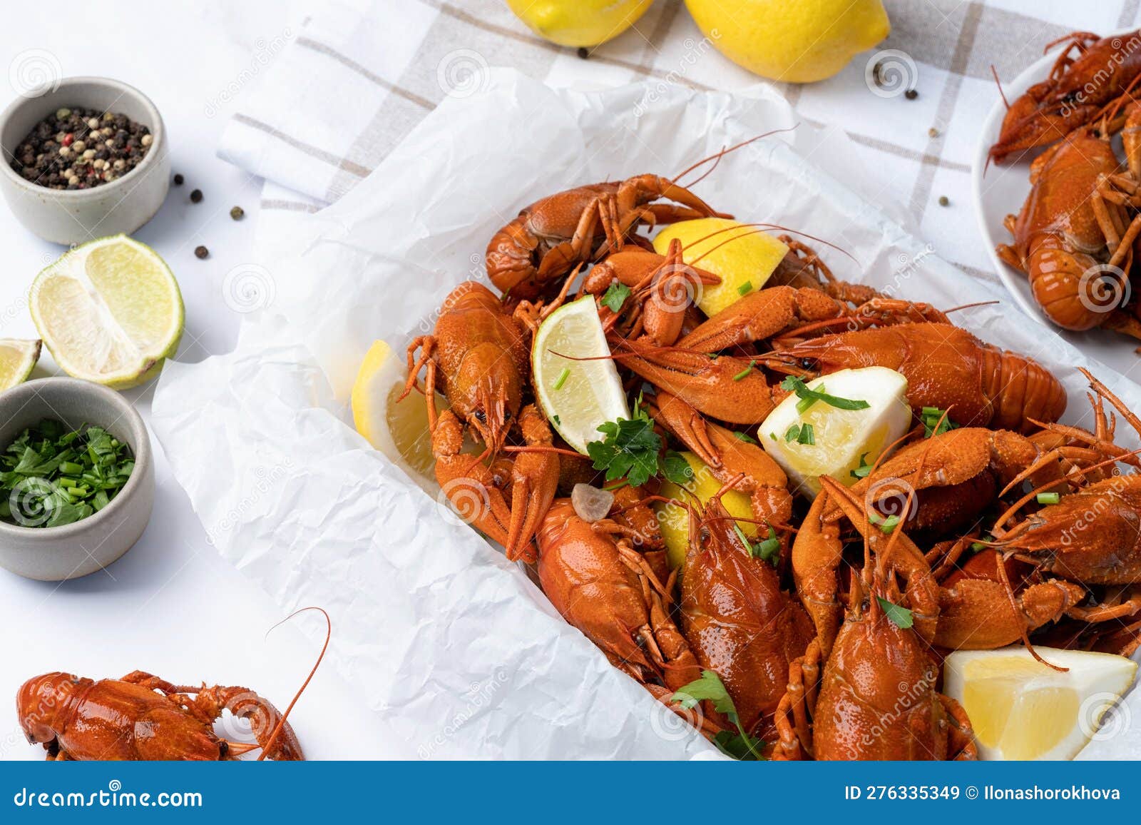 Top View of Cooked Crawfish Platter with Lemons and Spices Stock Image ...