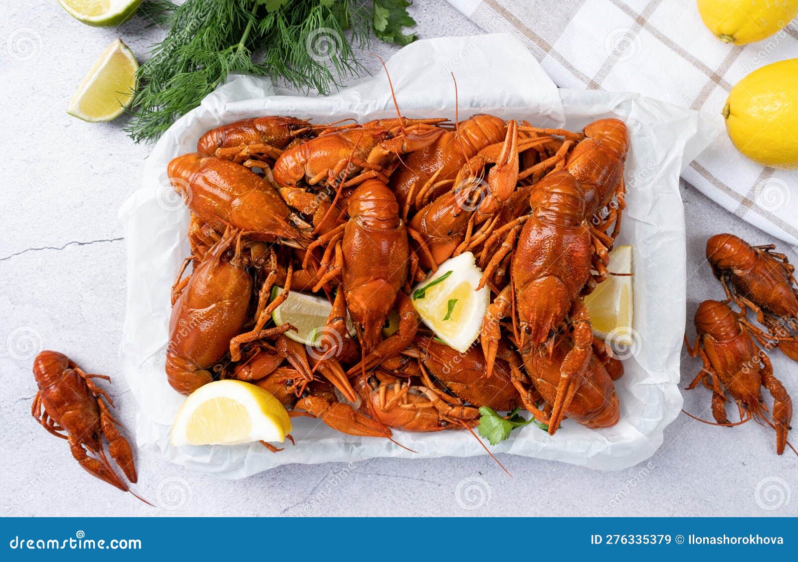 Top View of Cooked Crawfish Platter with Lemons and Spices Stock Image ...
