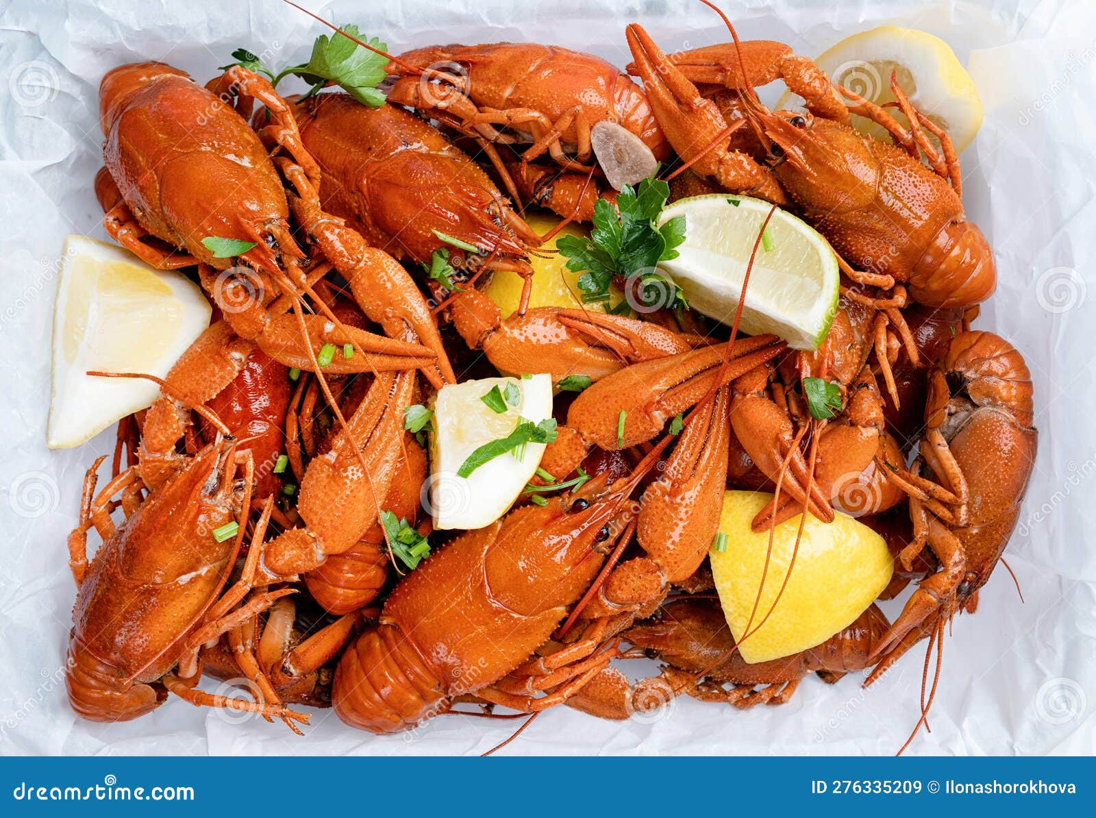 Top View of Cooked Crawfish Platter with Lemons and Spices Stock Image ...